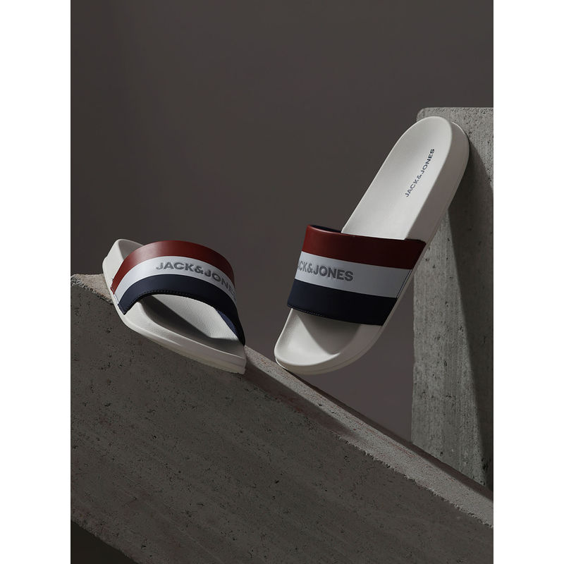 Buy Jack & Jones White Striped Pool Sliders Online