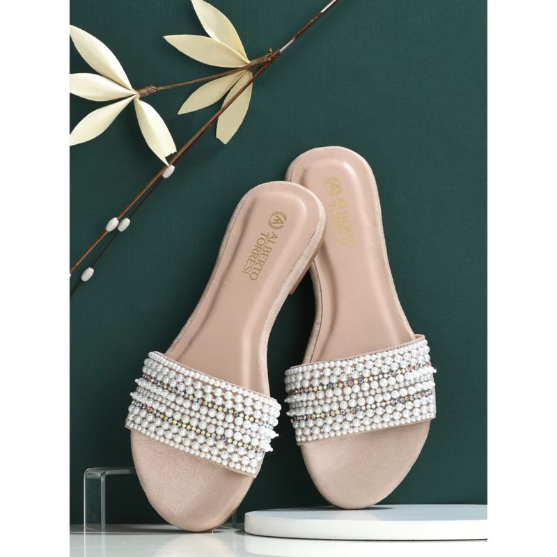 Buy Alberto Torresi Embellished-sequined Synthetic Beige Flat Sandals ...