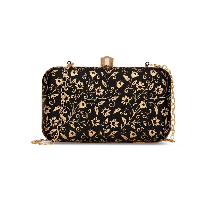 Buy Zouk Women Floral Printed Mashru Silk Black and Gold Clutch Online