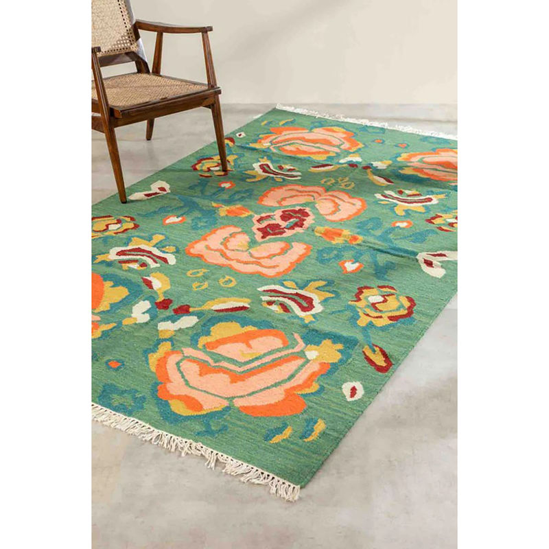 Buy Freedom Tree Rose Bagh Cotton & Wool Green Lush Woven Rug Online