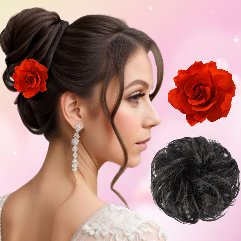 Buy Majestique Red Rose Artificial Fake Flower Clip & Funky Messy Bun ...