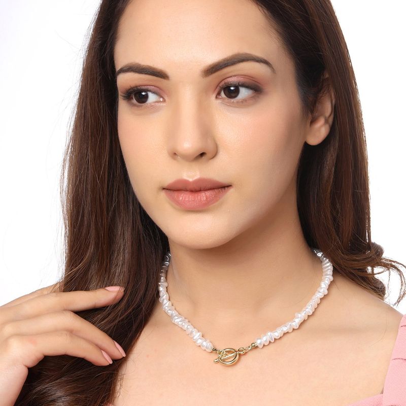 Buy Yellow Chimes Gold-Plated White Bead Studded Dainty Necklace Online