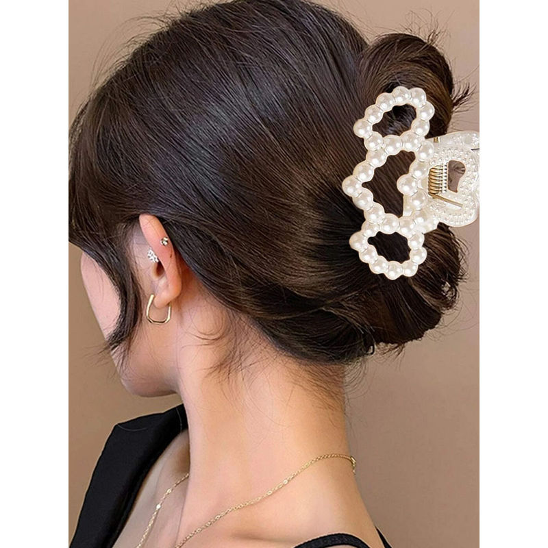 Buy OOMPH White Pearls Heart Shape Large Big Hair Clip Online