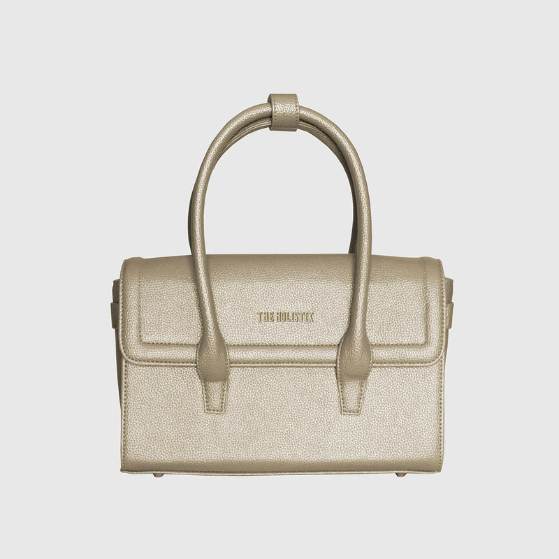 Buy THE HOLISTIK Gold Solid Leather Handbag with Detachable Strap Online