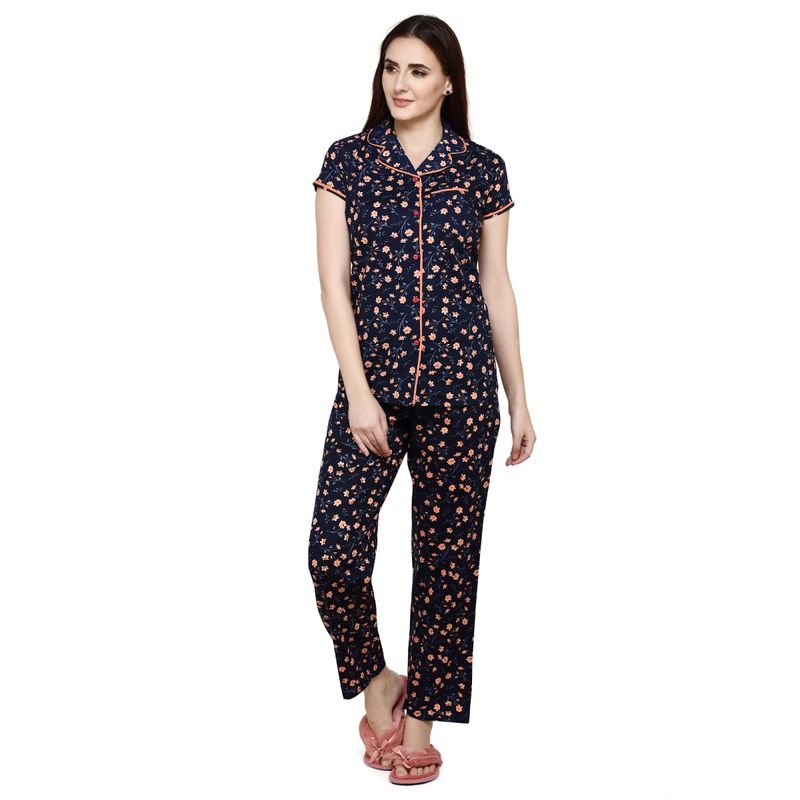 Buy evolove Women Cotton Navy Blue Night Shirt & Capri (Set of 2) Online