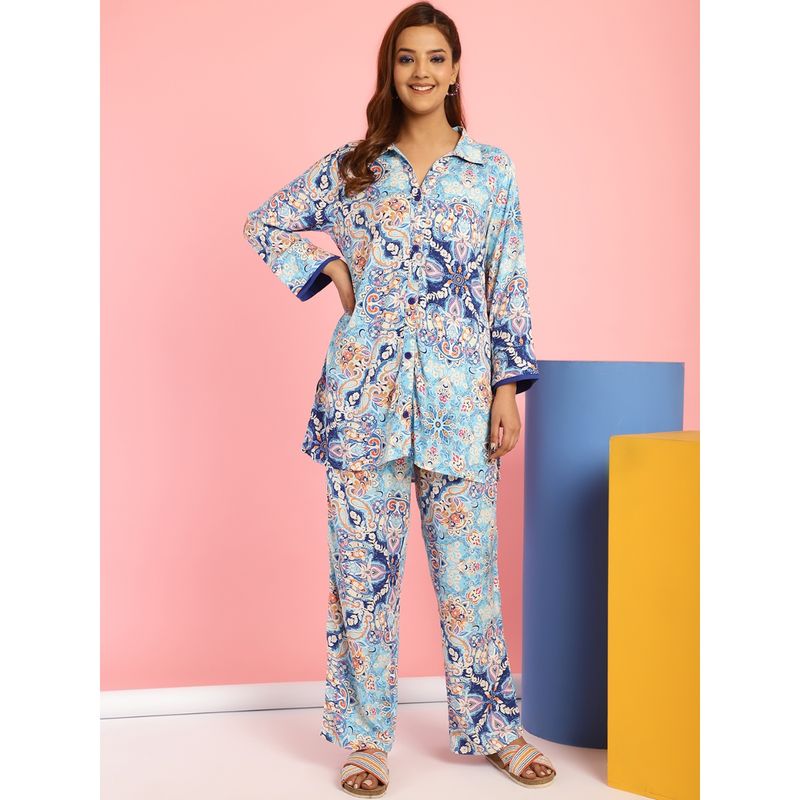 Buy Secret Wish Floral Print Rayon Blue Shirt & Pyjama (Set of 2) Online