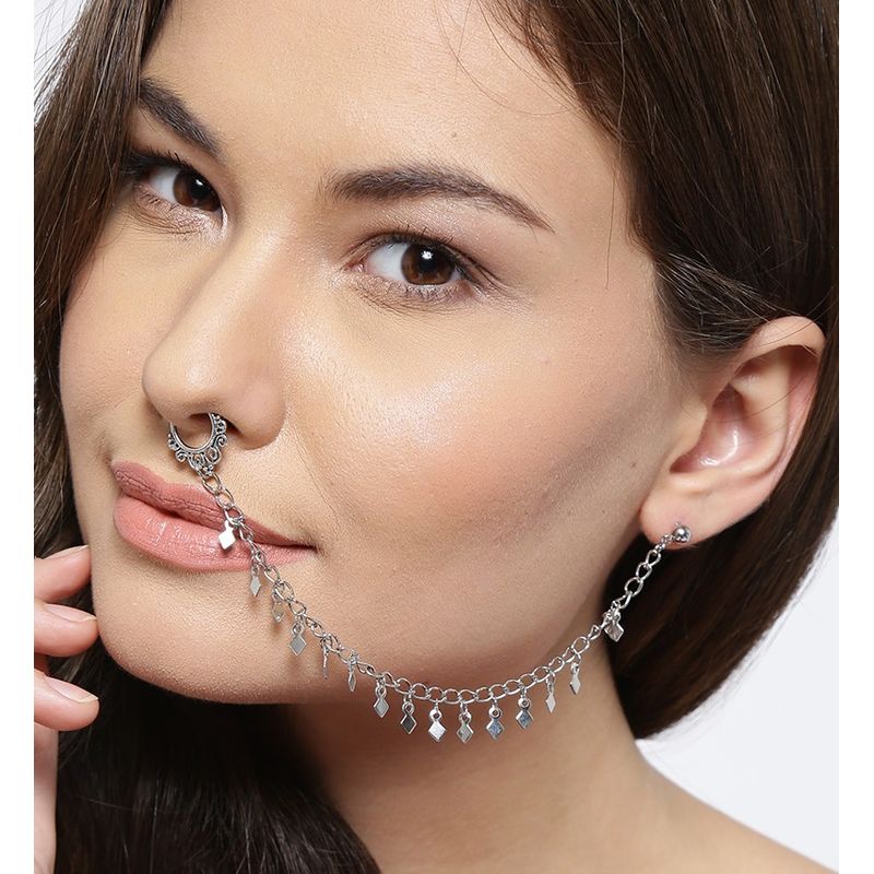 Buy OOMPH Silver Charm Gypsy Bohemian Nose Ring With Ear Stud Online