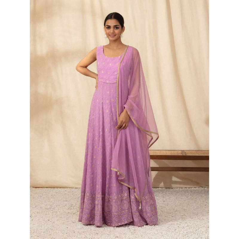 Buy Likha Lilac All Over Tonal Embroidered Georgette Maxi Dupatta ...