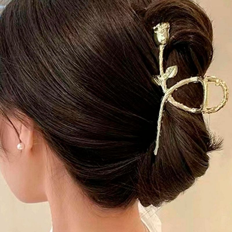 OOMPH Gold Tone Big Floral Rose with Stem Design Hair Claw Clip: Buy ...