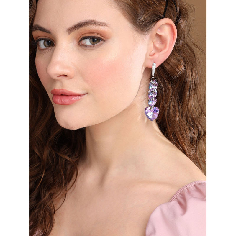 Buy Prita Purple Heart Studded Long Drop Silver-Plated Earrings Online