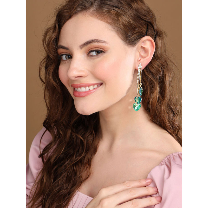 Buy Prita Green Triple Heart Tassel Studded Gold-Plated Drop Earrings ...