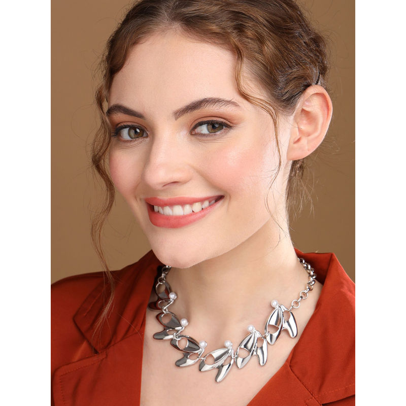 Buy Prita Pearl Studded Designer Leaf Link Silver-Plated Necklace Online