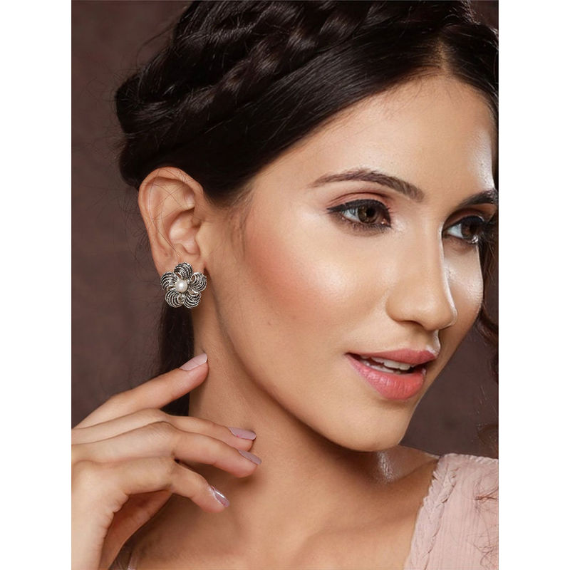 Buy Prita Pearl Flower Oxidised Silver Stud Earrings Online