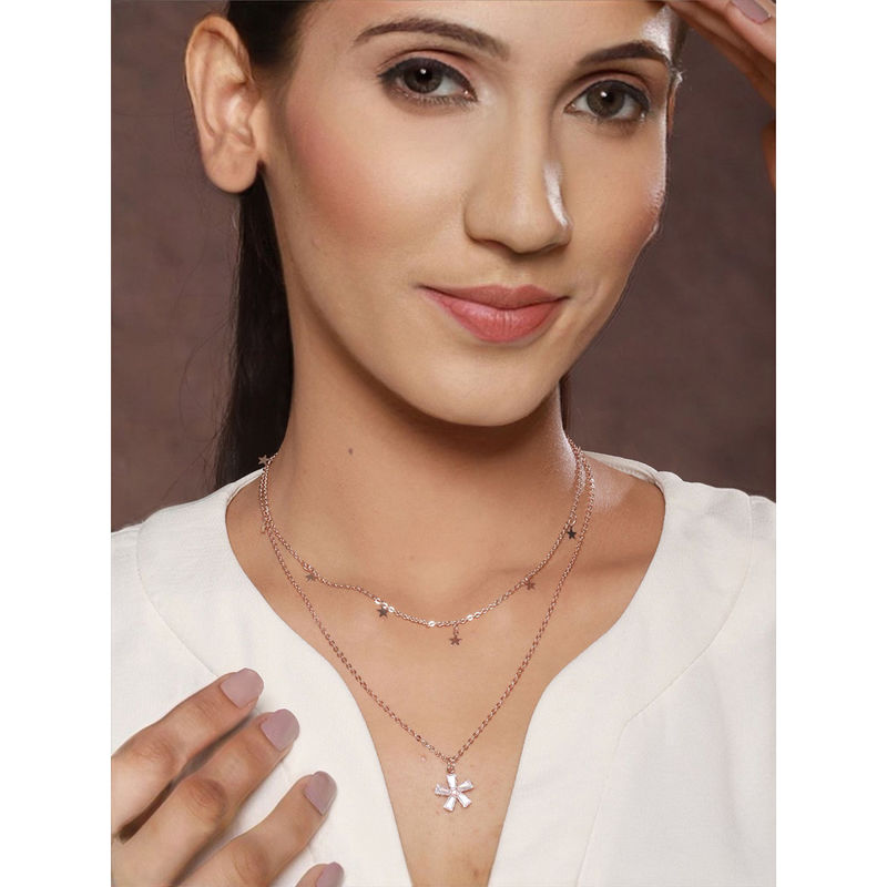 Buy Prita Studded Flower & Stars Layered Rose Gold-Plated Necklace Online
