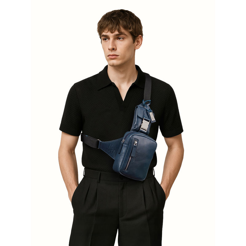 Buy Hidesign Andover 01 Genuine Leather Mens Blue Belt Bag Online