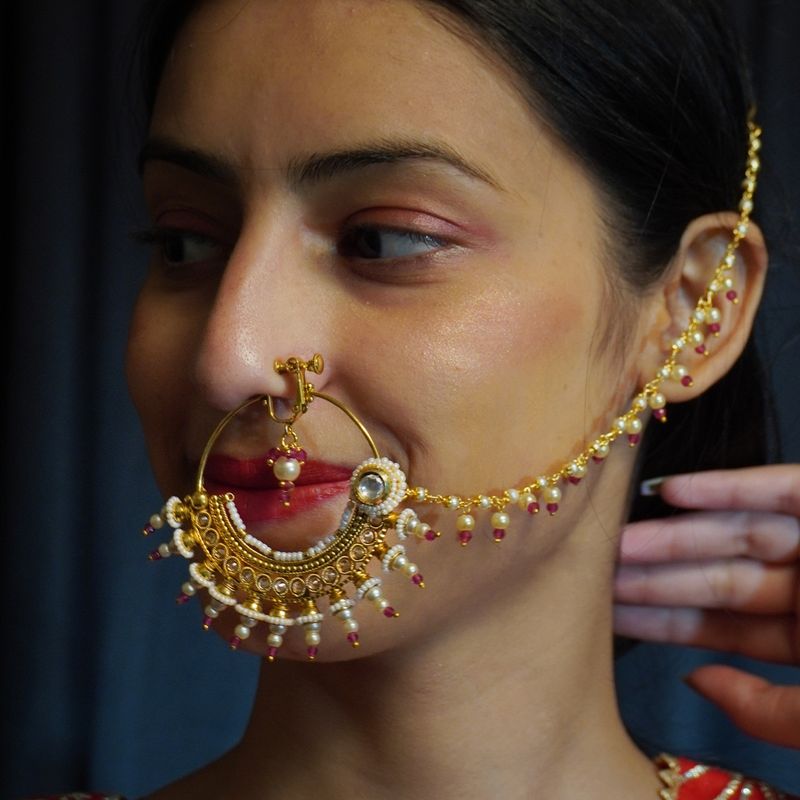 Buy Niscka Pink Bead & Pearl 18K Gold Plated Traditional Bridal Nath ...