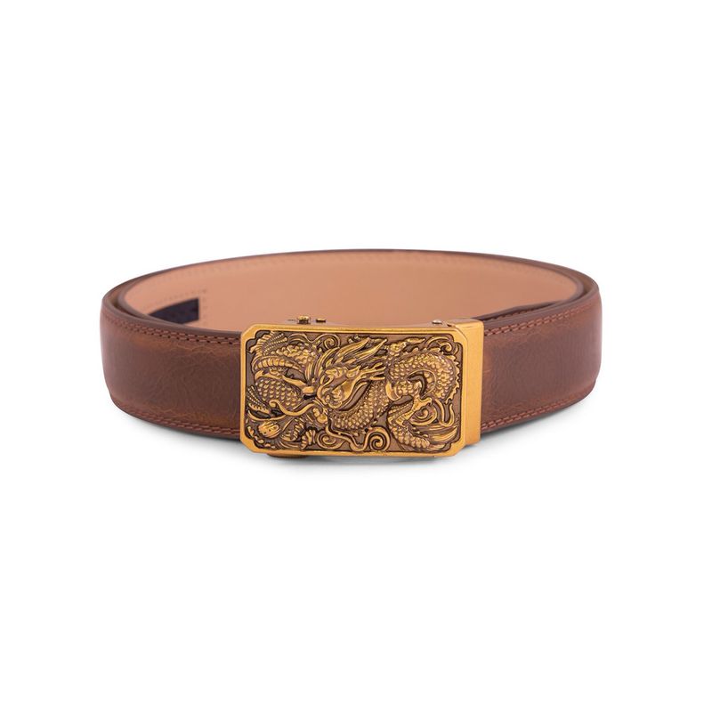 BANGE Mens Genuine Leather Belt With Fire Dragon Design Bronze Buckle ...