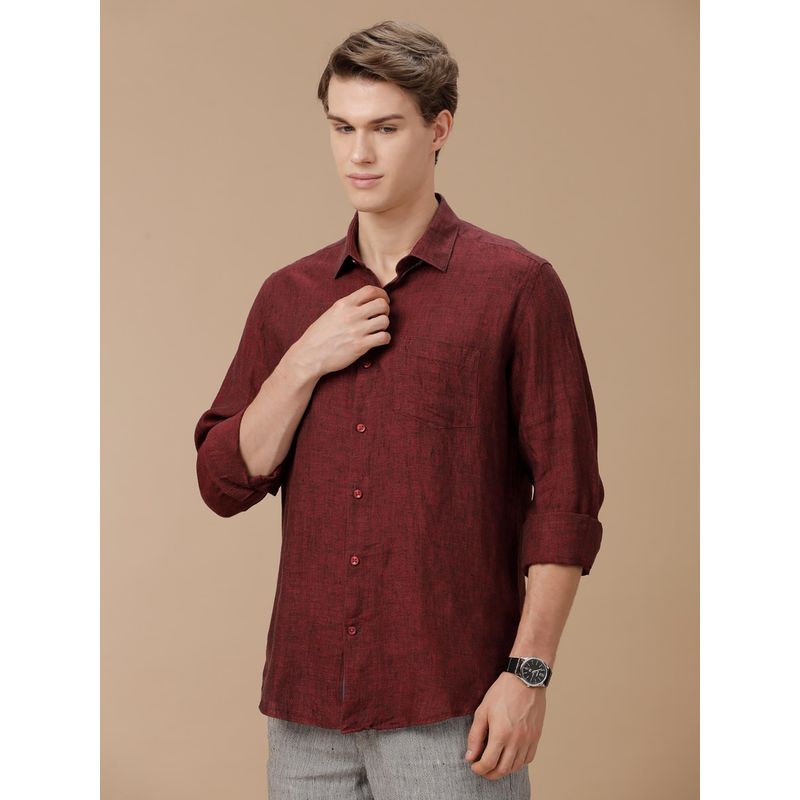 Buy Linen Club Mens Pure Linen Maroon Solid Slim Fit Full Sleeve Casual ...