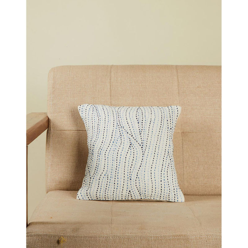 Buy Fabindia White Blue Padam Cotton Kantha Embroidery Cushion Cover ...