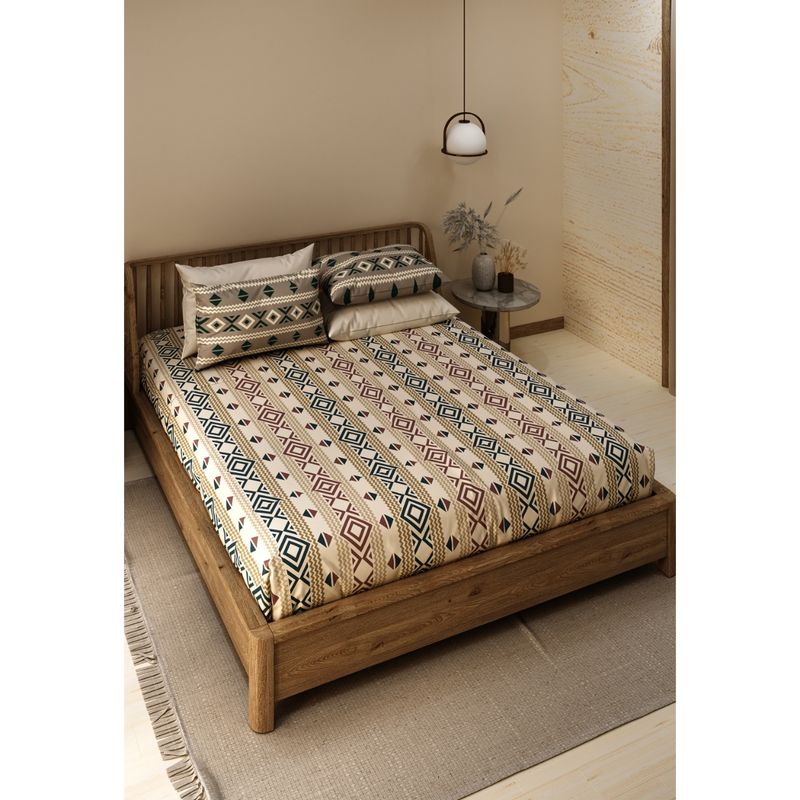 Buy LABHAM Pure Cotton Motifs Printed King Size Flat Bedsheet Beige (Set of 3) Online