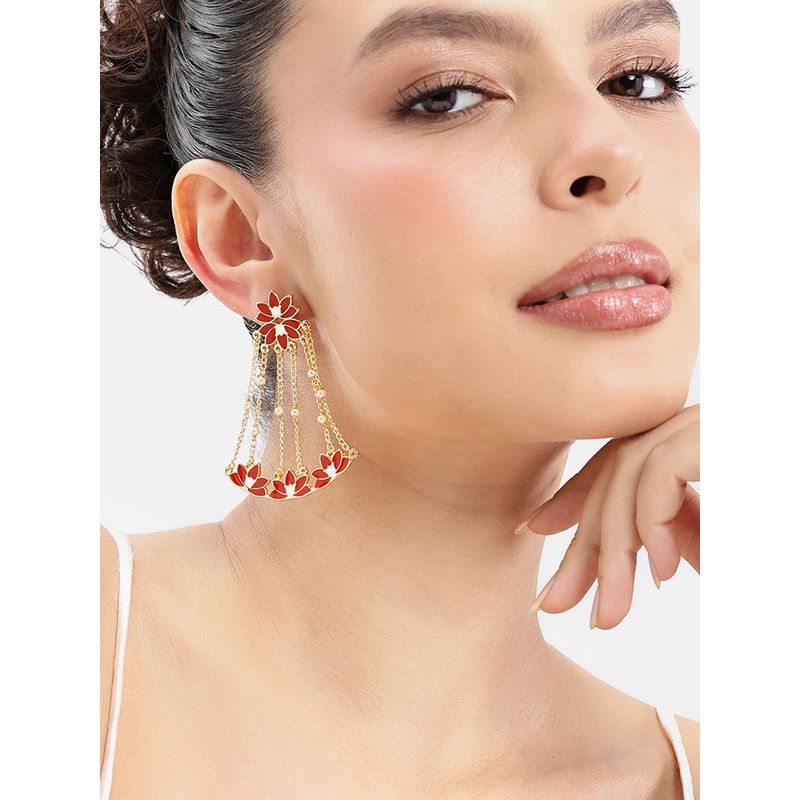 Buy Estele Glamorous Gold Finish Red Lotus Multi-Chain Dangler Earrings ...