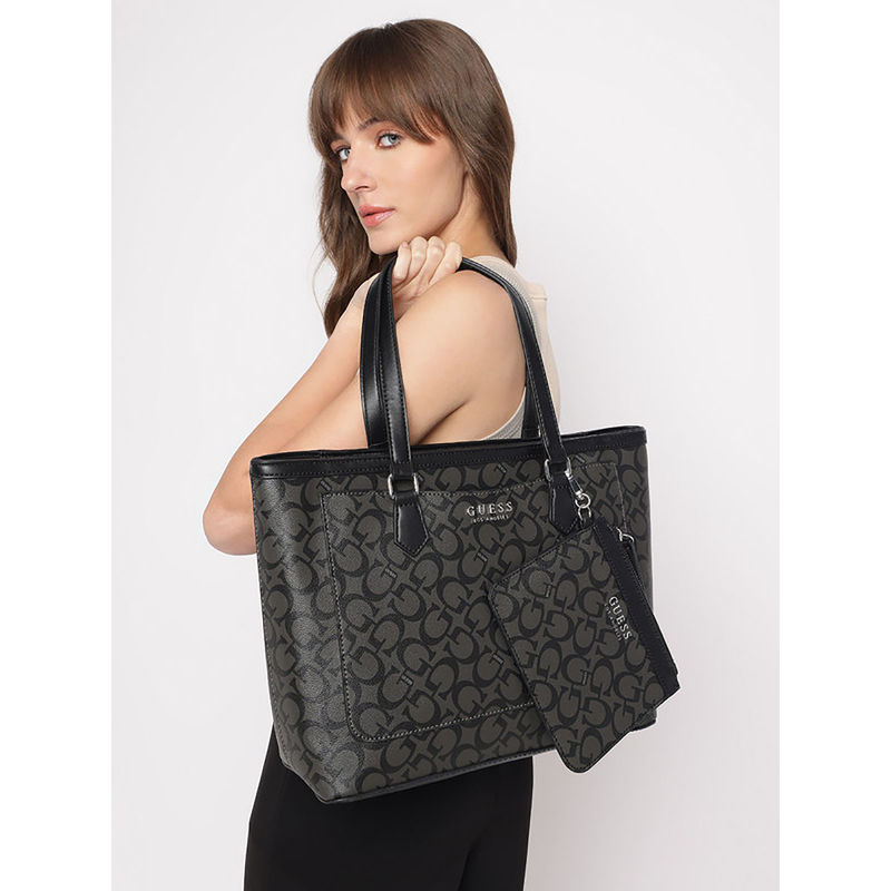 Buy Guess Charcoal Monogram Medford Tote Bag With Detachable Strap ...