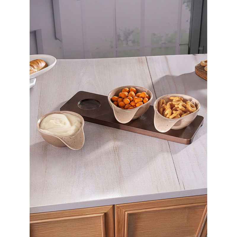Buy Trovea's Rustik Brown Dip Bowls with Tray (Set Of 4) Online