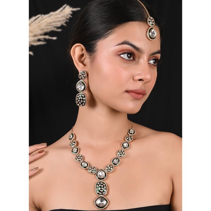 Buy Ratnavali Jewels Gold Plated Green Kundan Polki Long Jewellery Set ...