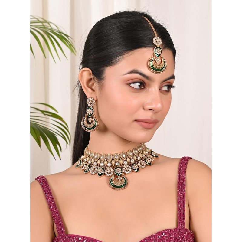 Buy Ratnavali Jewels Matt Gold Plated Green Enamel Kundan Jewellery Set ...