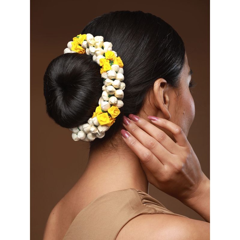 Buy Aatmana Yellow Rose & White Mogra Artificial Flower Gajra Floral ...