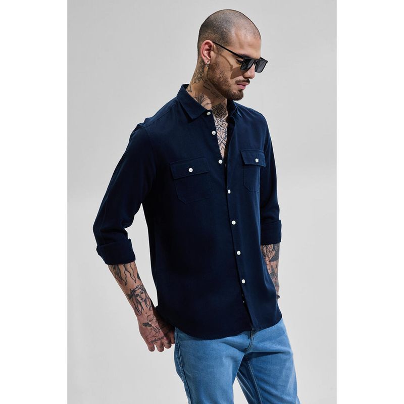 Buy Snitch Navy Blue Regular Fit Double Pocket Linen Blend Shirt Online