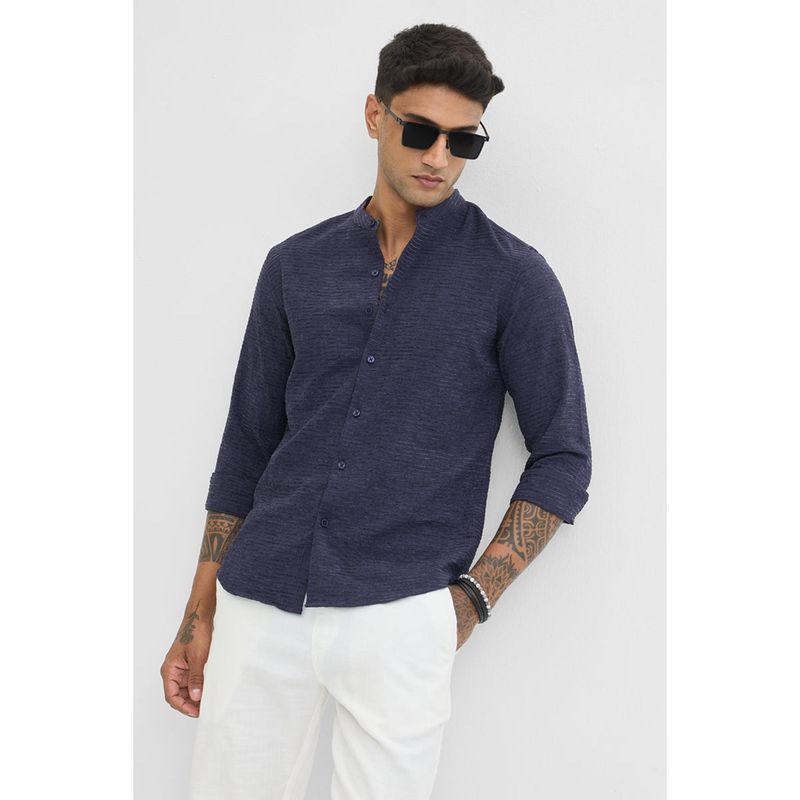 Buy Snitch Navy Blue Textured Slim Fit Shirt Online