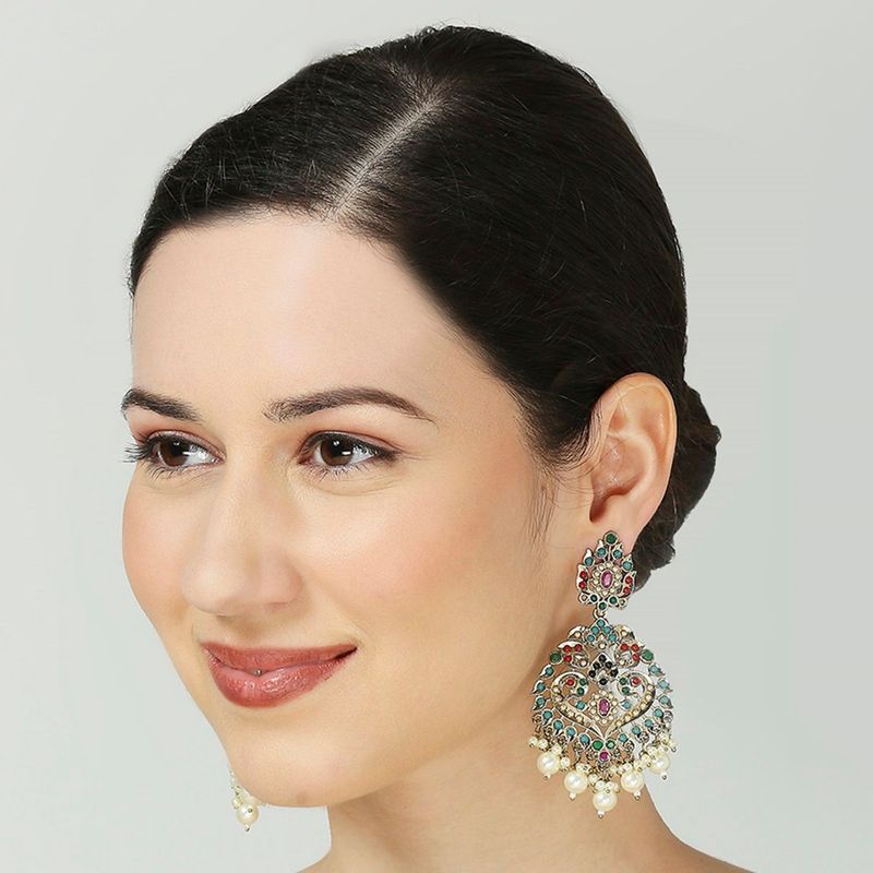 Buy OOMPH Peacock Shape Stylish Latest Moti Manik Jadau Drop Earrings ...