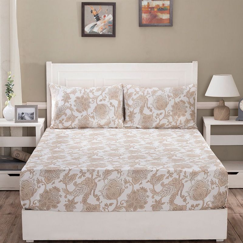 Buy Maspar Hues Art Nouveau Mabel 210 TC Cotton Print Neutral Bed Sheet ...