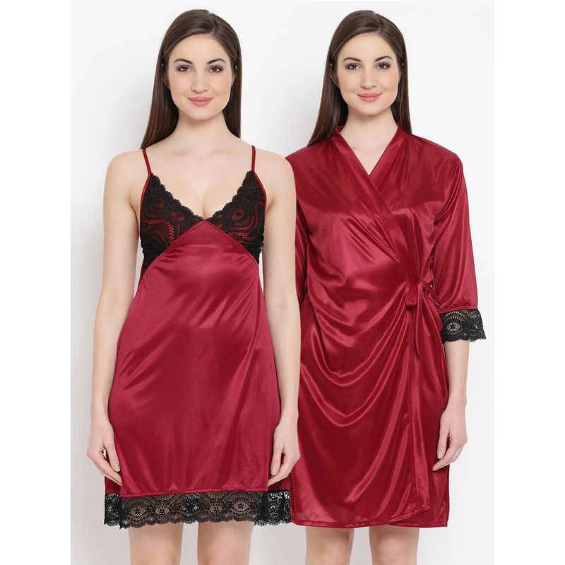 Buy Clovia Short Night Dress & Robe In Maroon Satin (Set of 2) Online