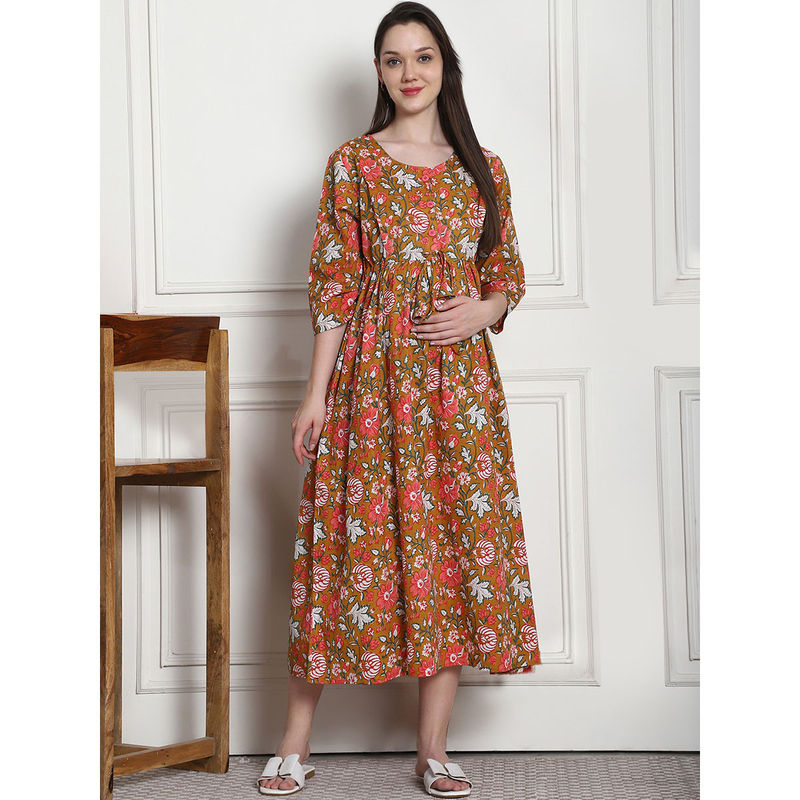 Buy Secret Wish Floral Print Mustard Cotton Maternity Nightdress Online