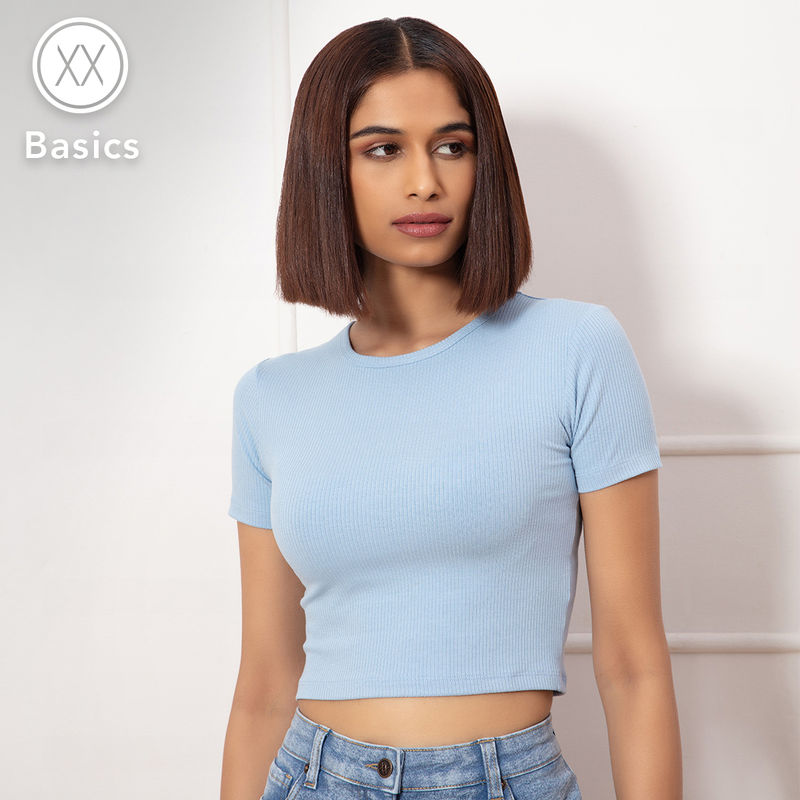 Buy Twenty Dresses by Nykaa Fashion Basics Blue Solid Round Neck Cropped T Shirt Online