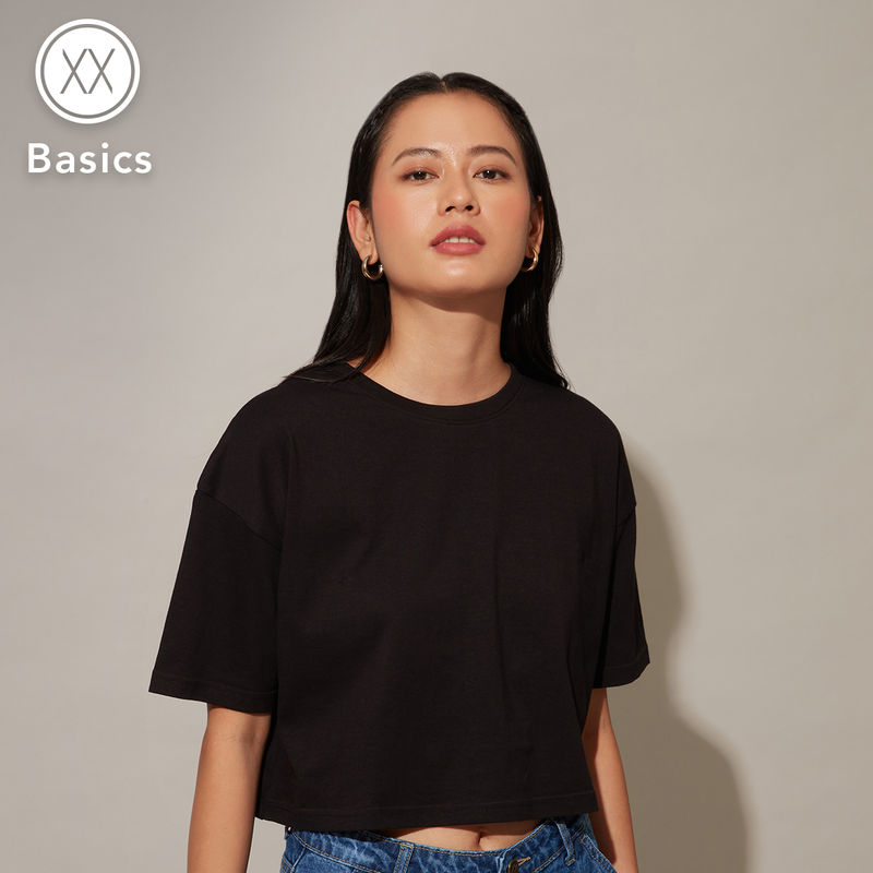 Buy Twenty Dresses by Nykaa Fashion Basics Black Solid Round Neck Loose Crop T-shirt Online