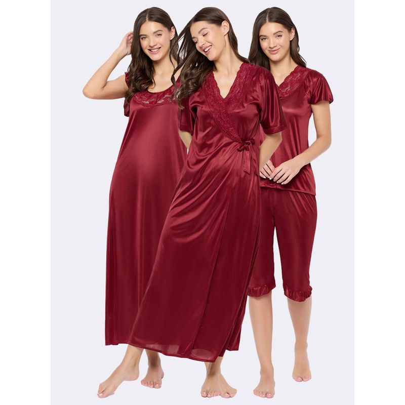 Buy Clovia Nightwear In Satin Maroon (Set of 4) Online