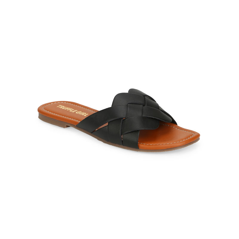 Buy Truffle Collection Black Pu Woven Strap Slip Ons Flats Online