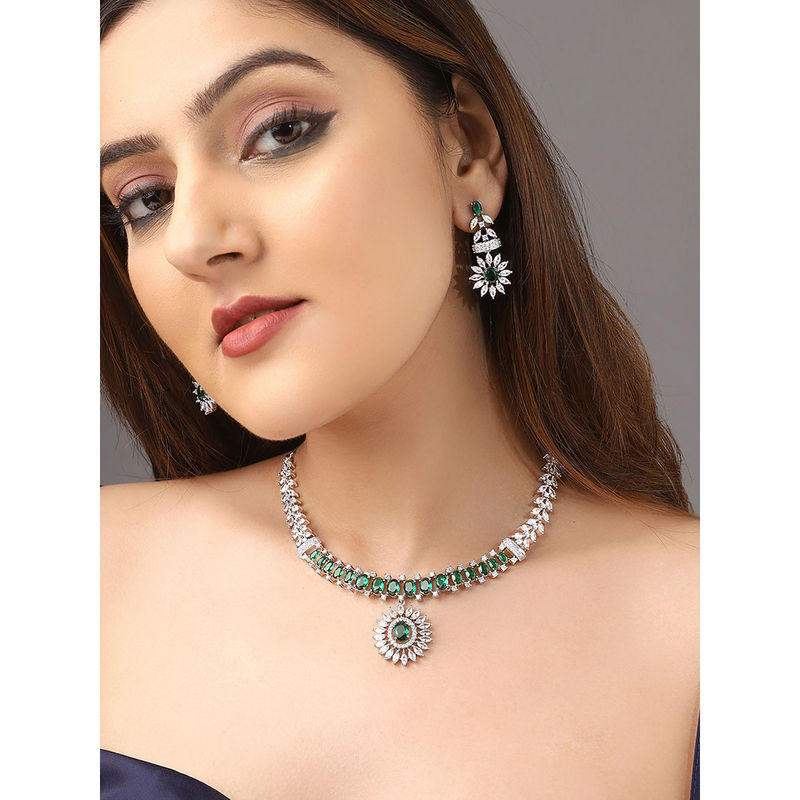 Buy Priyaasi Elegant American Diamonds and Green Stones Silver Plating ...