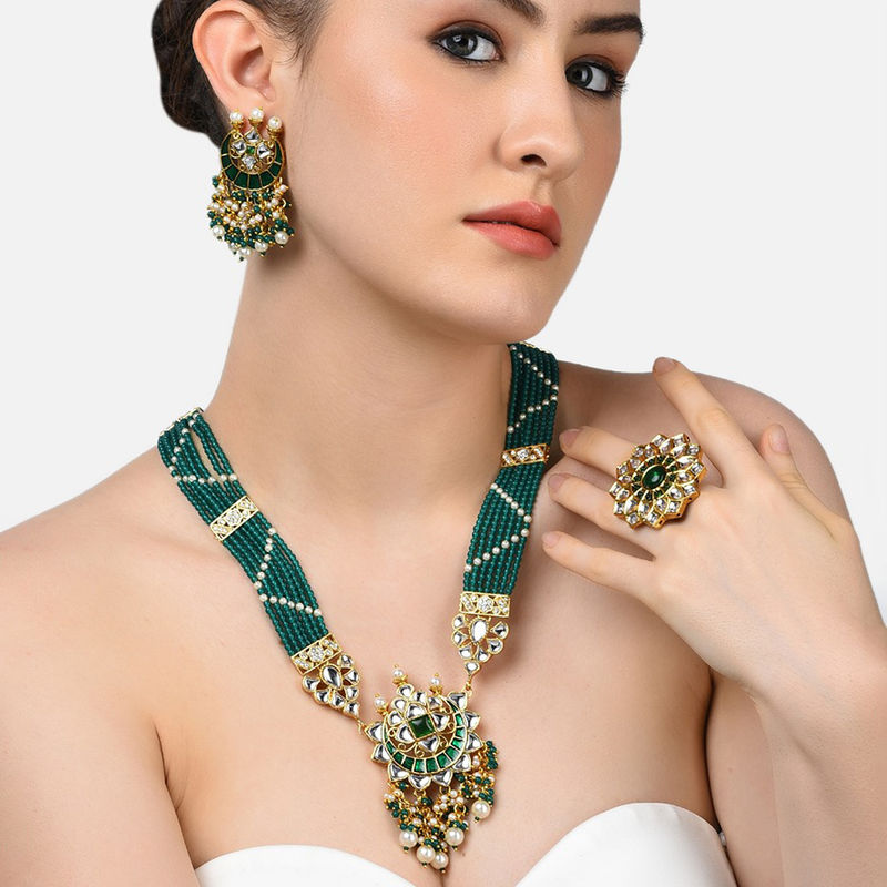 Zaveri Pearls Green Beaded Meenakari Long Kundan Necklace Earring
