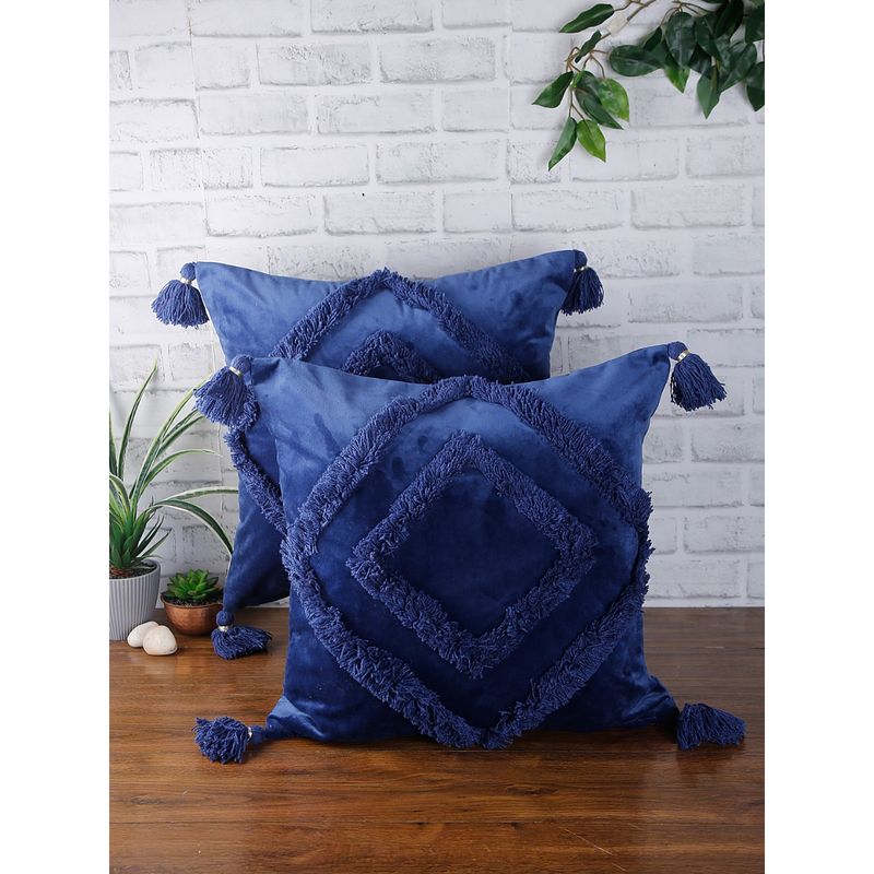 Buy eyda Super Soft Velvet Blue Color Set Of 2 Cushion Covers-18X18 ...