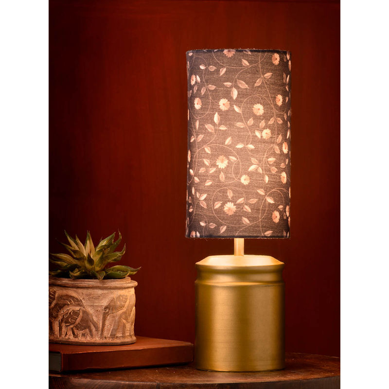 Buy Green Girgit Metal Golden Table Lamp with Floral Print Shade Online