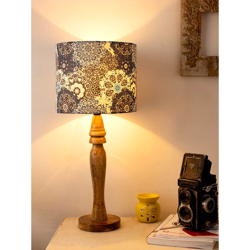 Buy Green Girgit Wooden Round with Blue Batik Lamp Online