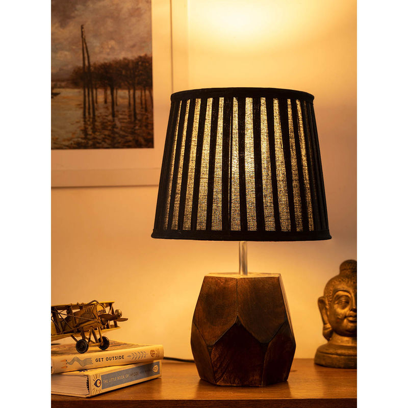 Buy Green Girgit Wooden Hexa Lamp with Pleated Cotton Black Shade Online