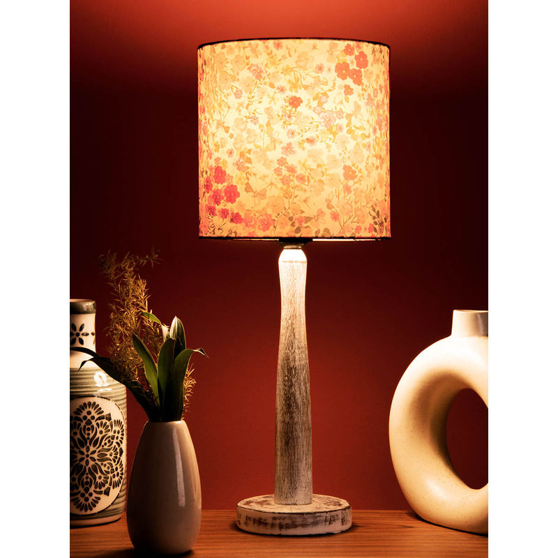 Buy Green Girgit Distress White Wooden Lamp with Tiny Flowers Shade Online