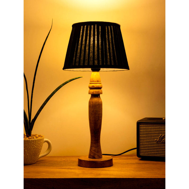 Buy Green Girgit Wooden Round Lamp with pleated Black Taper soft Shade ...