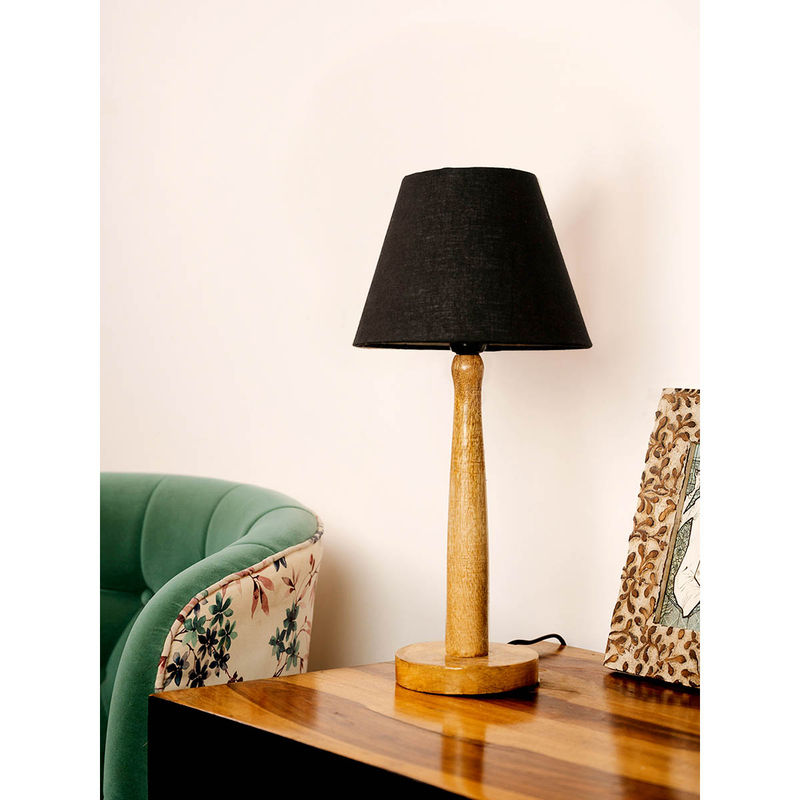 Buy Green Girgit Wooden Lamp with Taper Black Cotton Shade Online