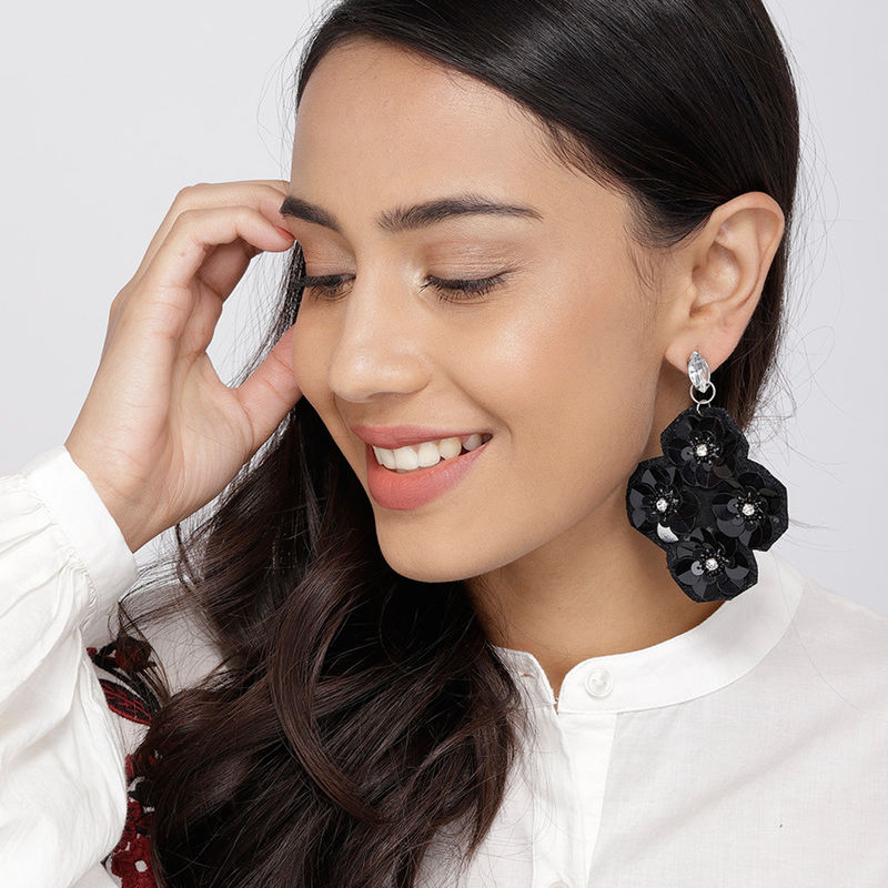 Buy Toniq Black Sequin Statement Drop Earrings Online